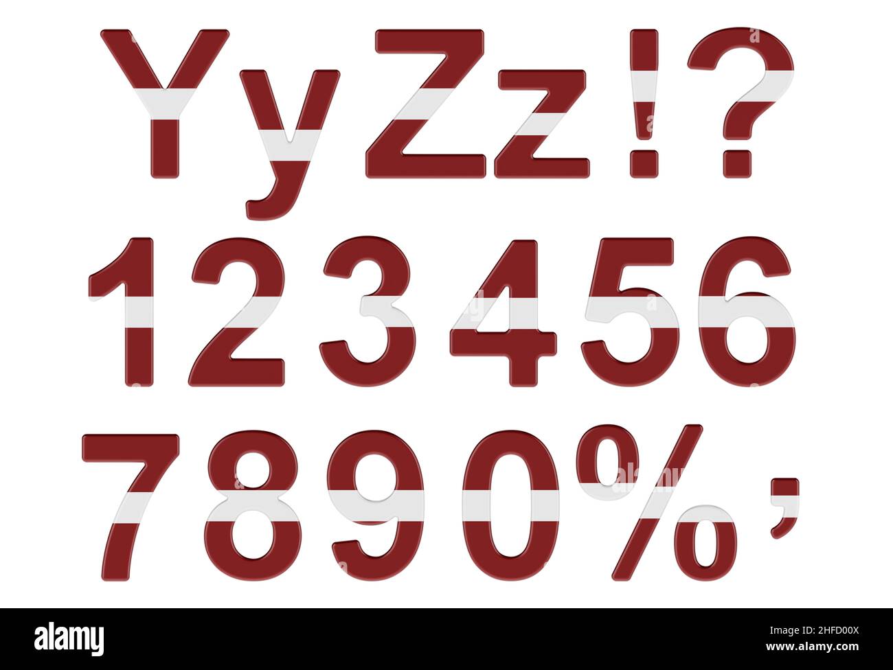 Letters, numbers and punctuation marks with Latvian flag. Y, Z, 1, 2, 3 ...