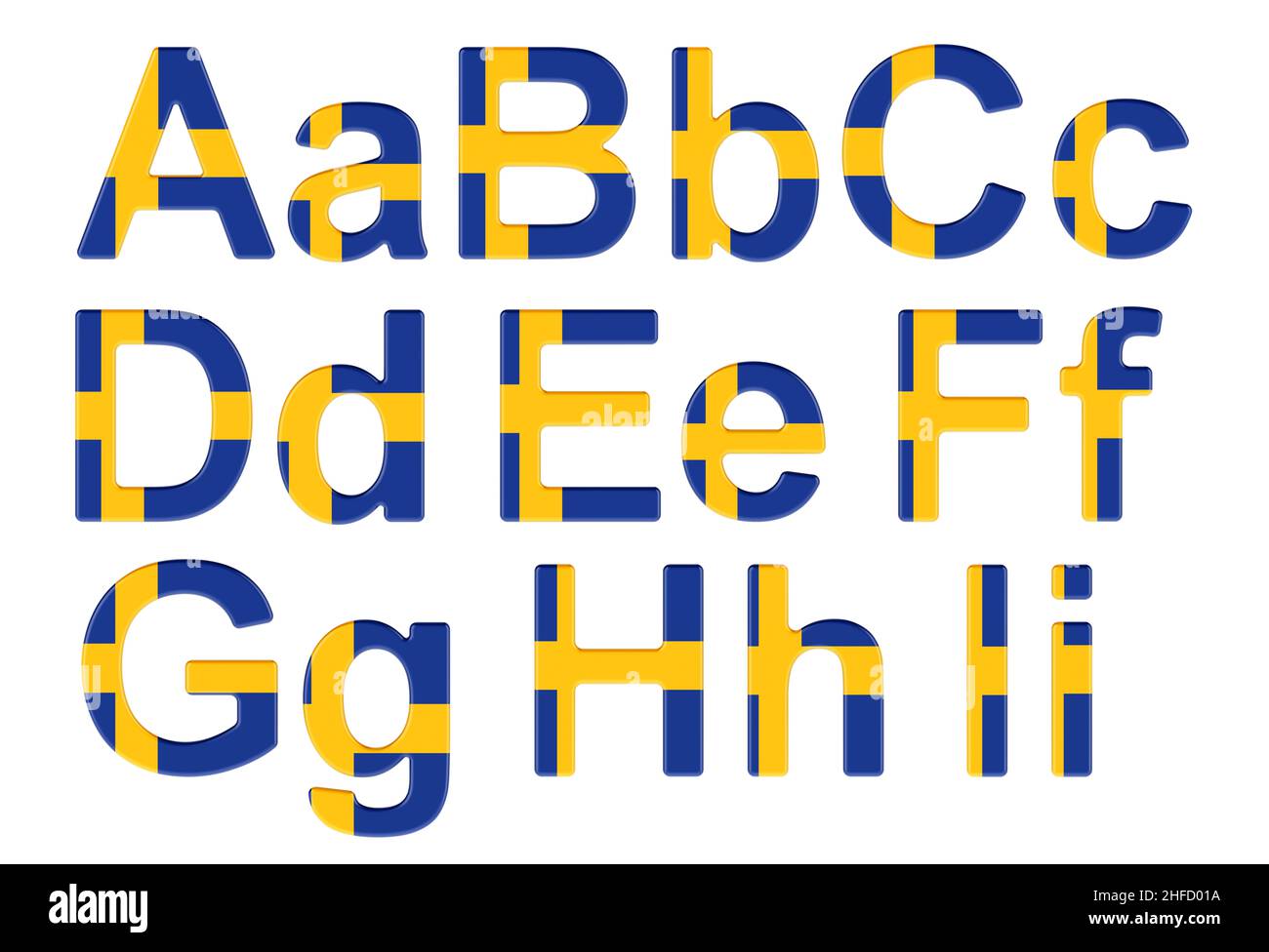 Letters with Swedish flag. A, B, C, D, E, F, G, H, I uppercase and ...