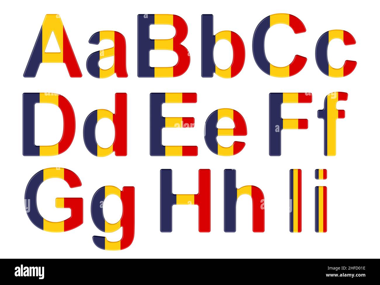 Letters with Romanian flag. A, B, C, D, E, F, G, H, I uppercase and ...