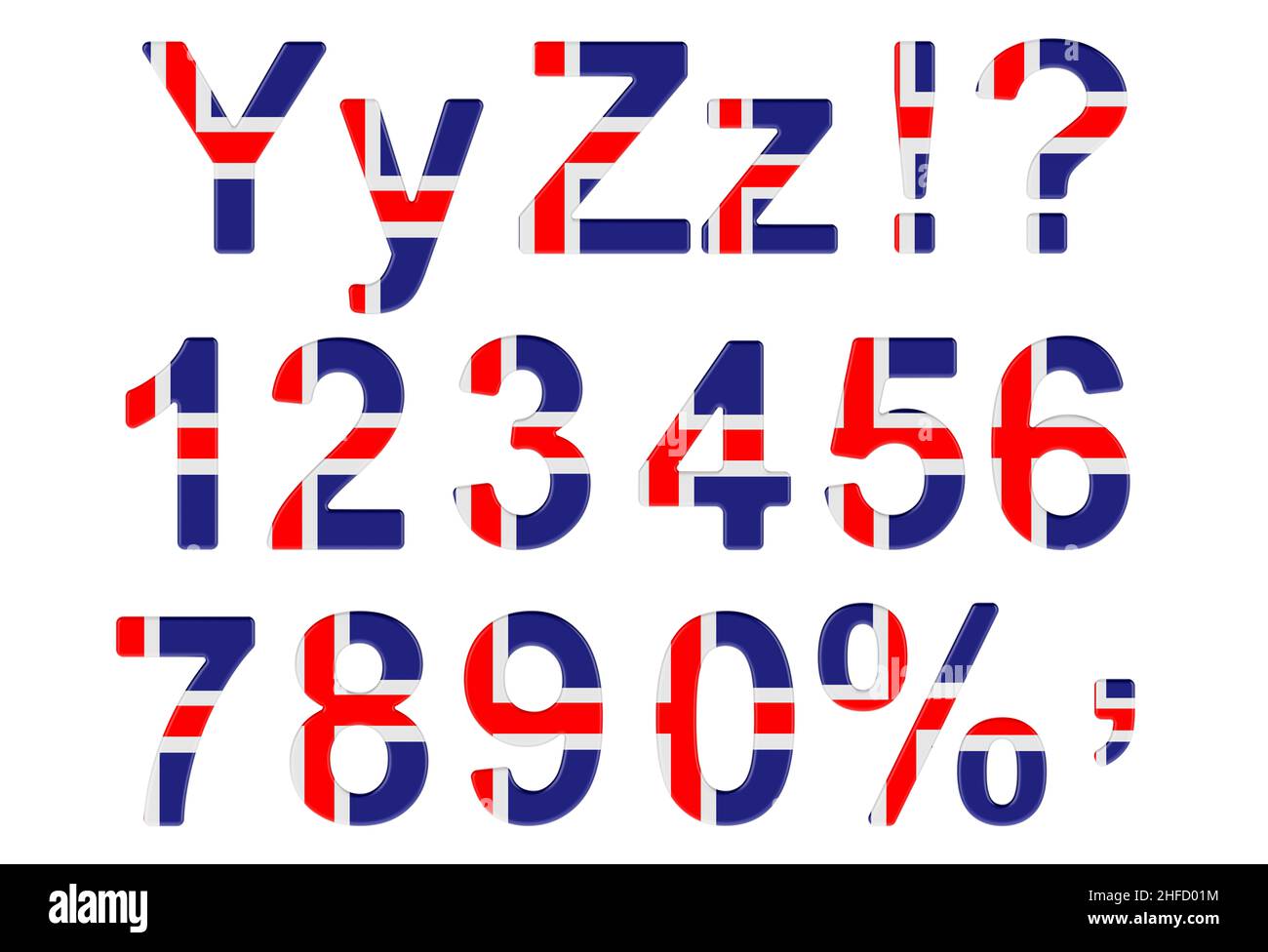 Letters, numbers and punctuation marks with Icelandic flag. Y, Z, 1, 2 ...