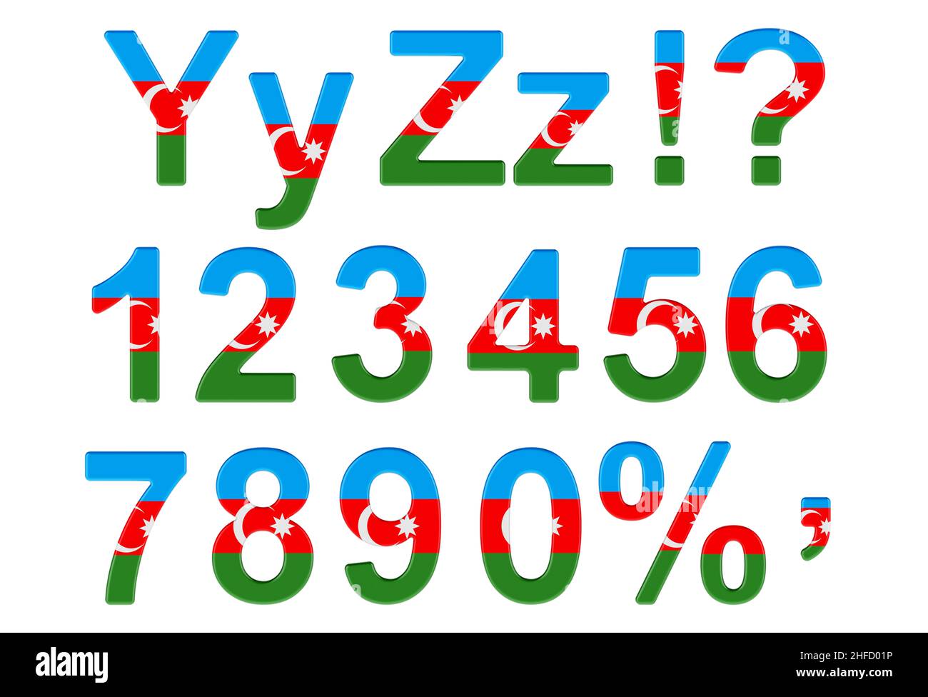 Letters, numbers and punctuation marks with Azerbaijani flag. Y, Z, 1 ...