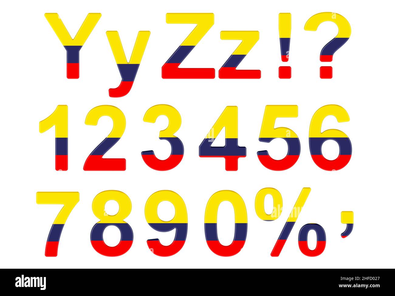 Letters, numbers and punctuation marks with Colombian flag. Y, Z, 1, 2 ...