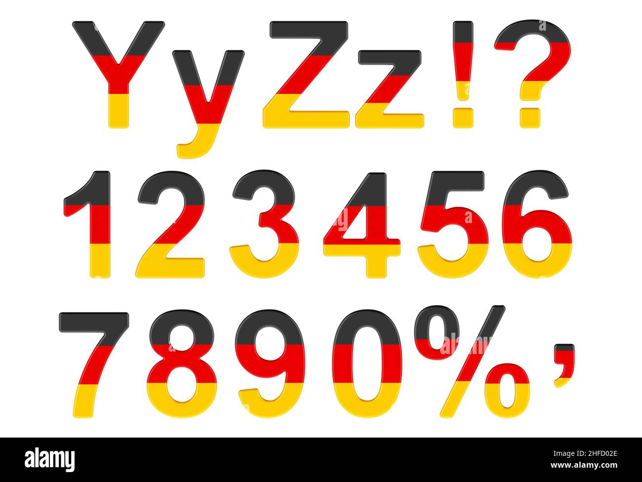 Letters, numbers and punctuation marks with German flag. Y, Z, 1, 2, 3 ...