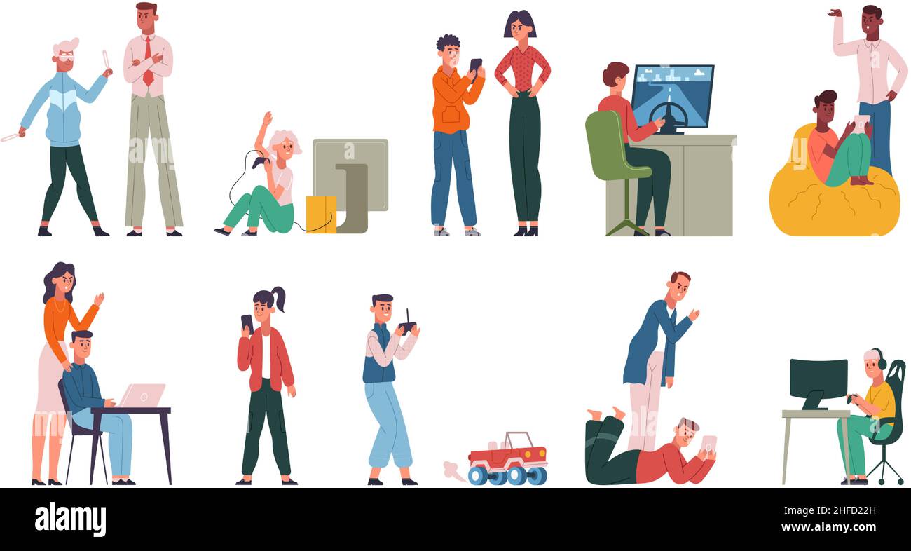 Video games addiction, kids or teenagers gamers with angry disgruntled ...