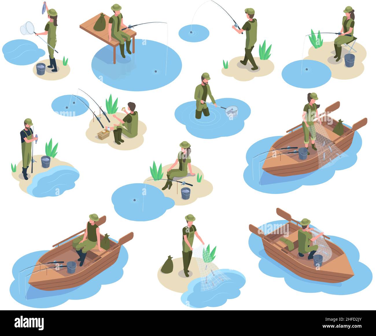 Isometric fishermen characters, 3d river or pond fishing. Characters ...