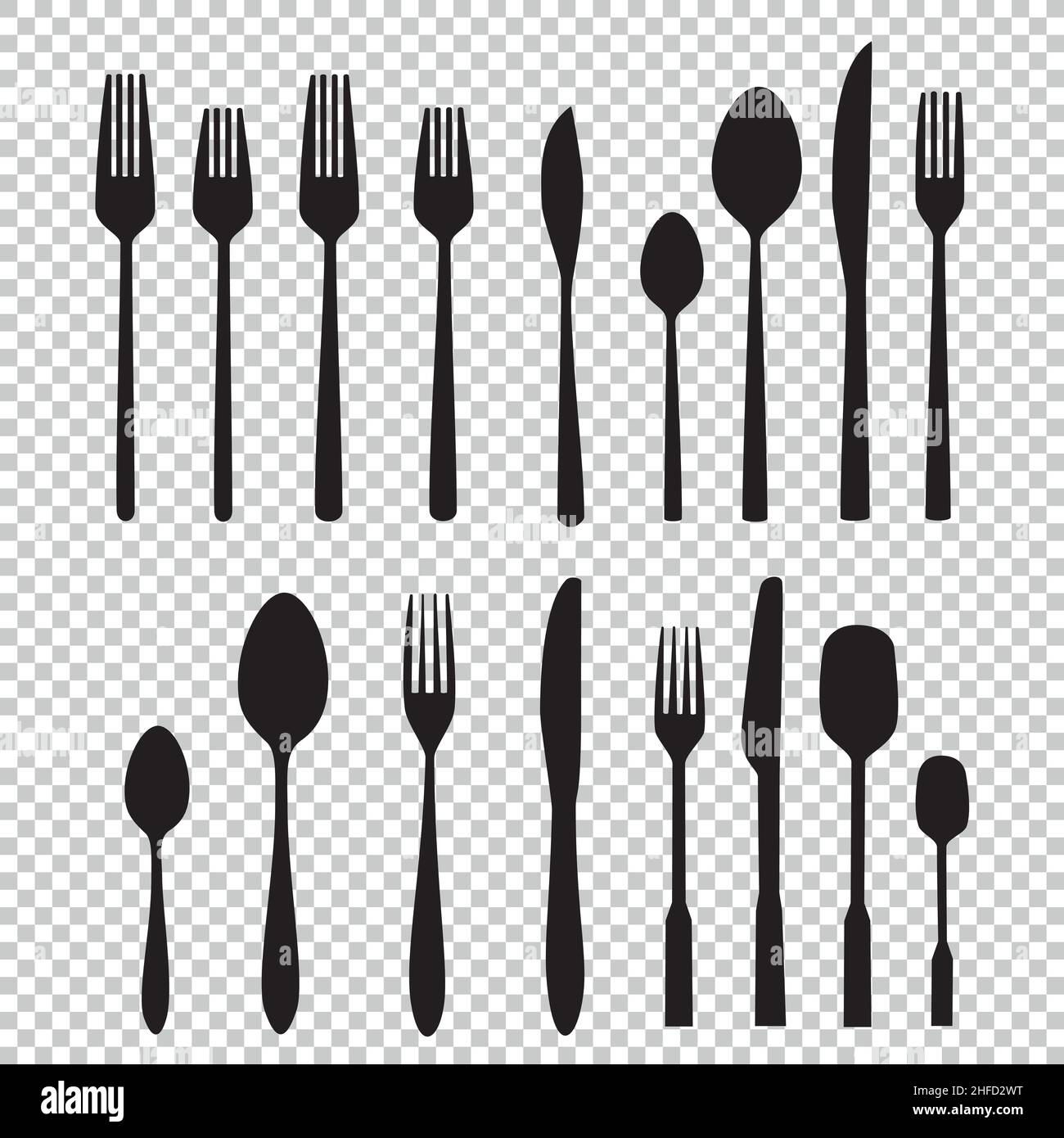 Set of cutlery icons on checked transparent background. Vector ...