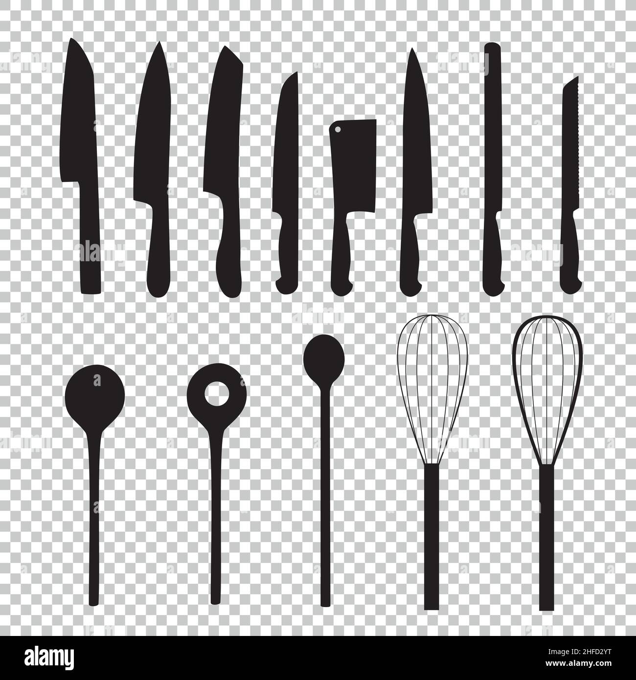 Set of cutlery icons on checked transparent background. Vector ...