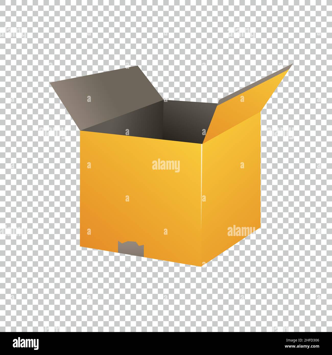 Yellow open carton delivery packaging box on checked transparent ...