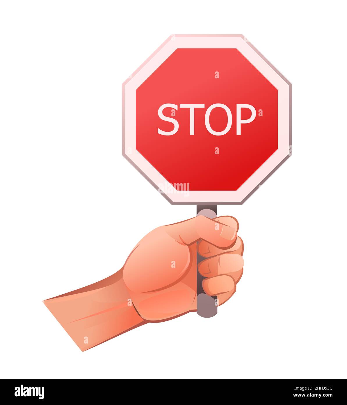 Hand with red stop sign. The object is isolated on a white background ...