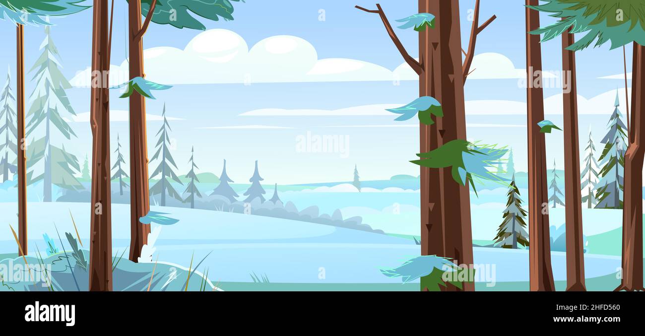 Pine Trees. Trunks of fir and Spruce. Snow frosty landscape. Beautiful ...