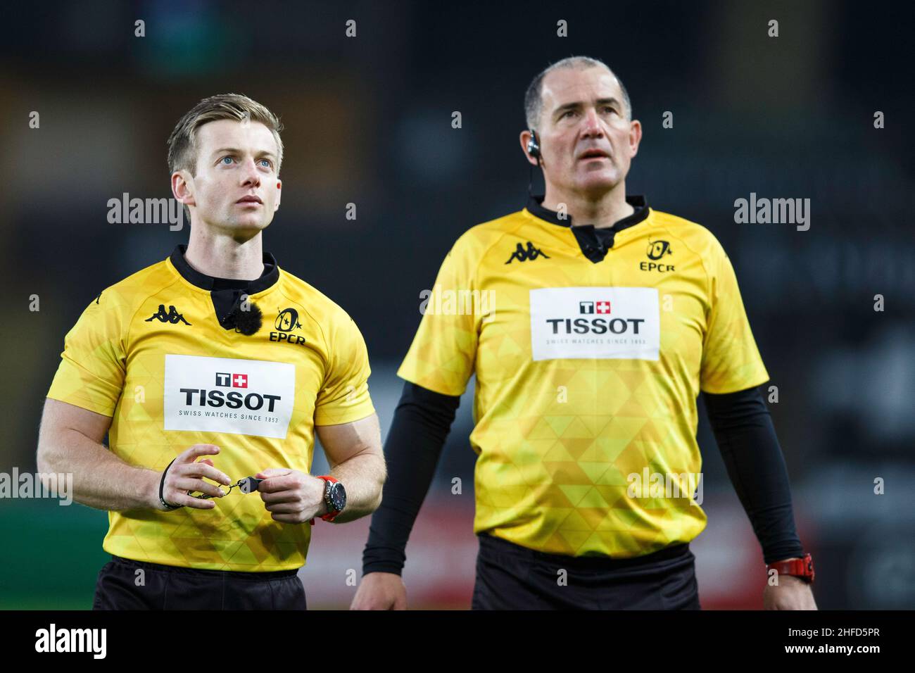 Swansea, UK. 15 January, 2022. Referee Christophe Ridley (L) watches ...