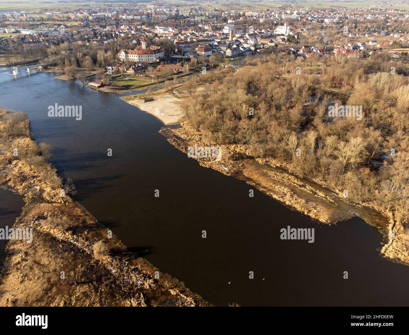 A small town by the river and tourist attractions photographed from a ...