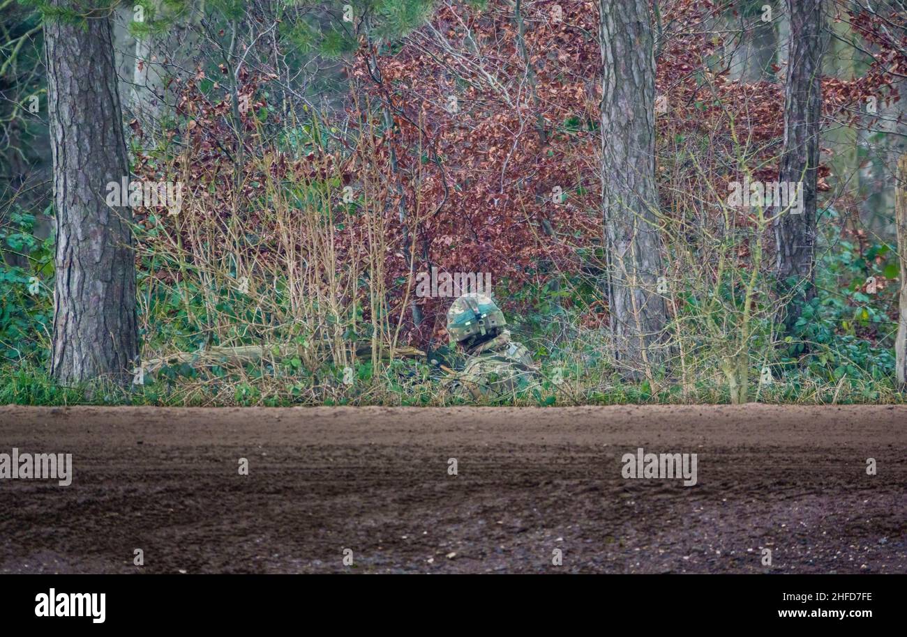 British army infantry soldier keeping guard, camouflaged and hidden in ...