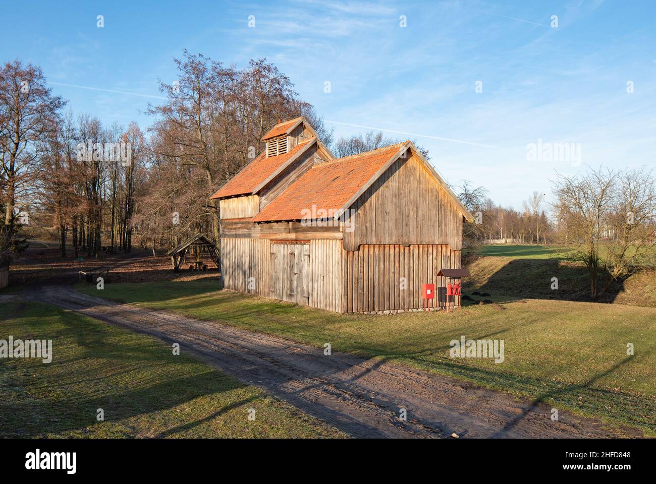 Old wooden and masonry buildings. Traditional old polish countryside ...