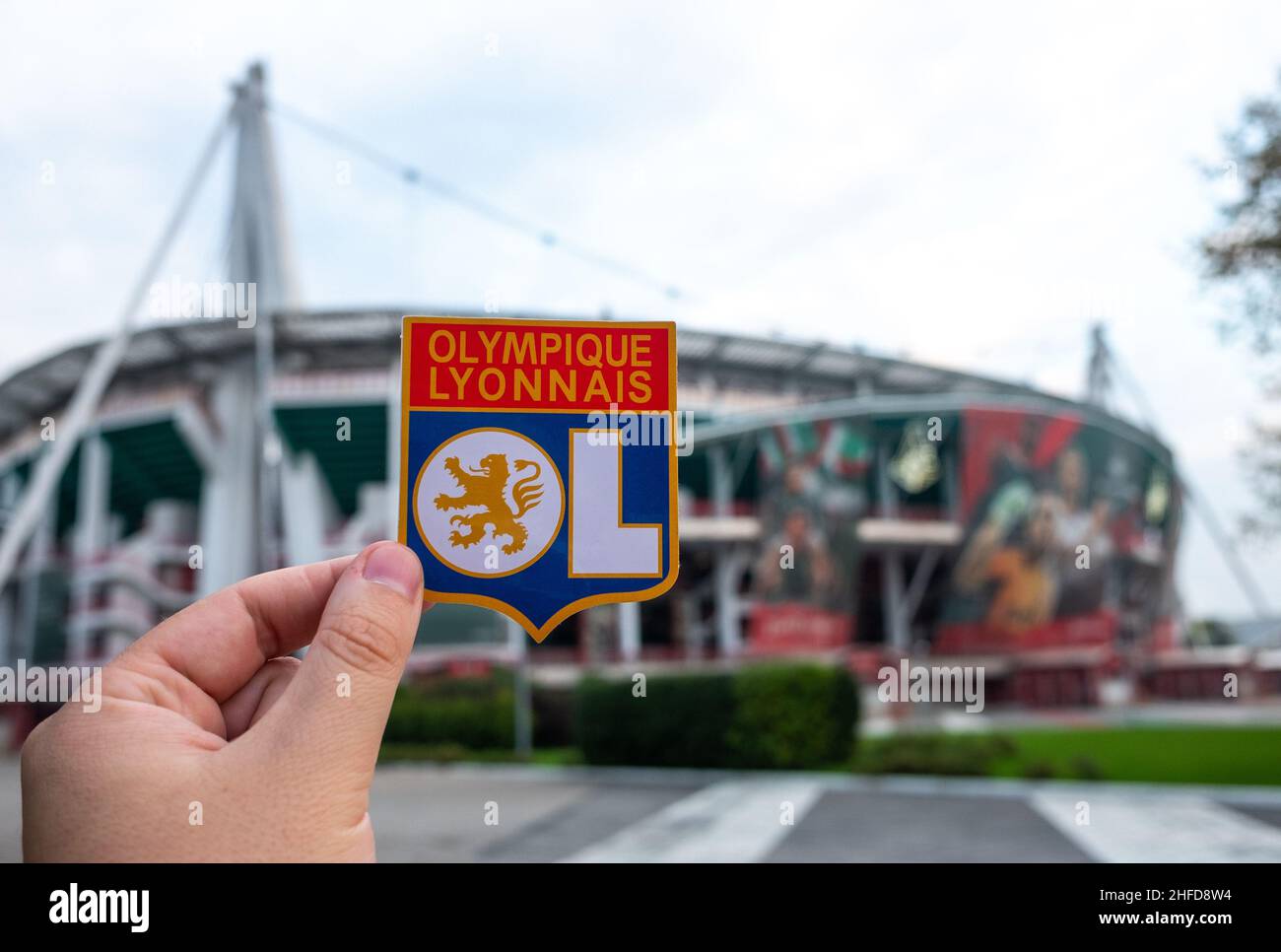 August 30, 2021, Lyon, France. The emblem of the football club ...