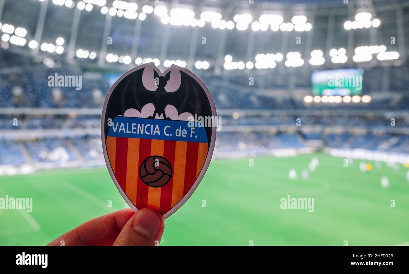September 12, 2021, Valencia, Spain. The emblem of the football club ...
