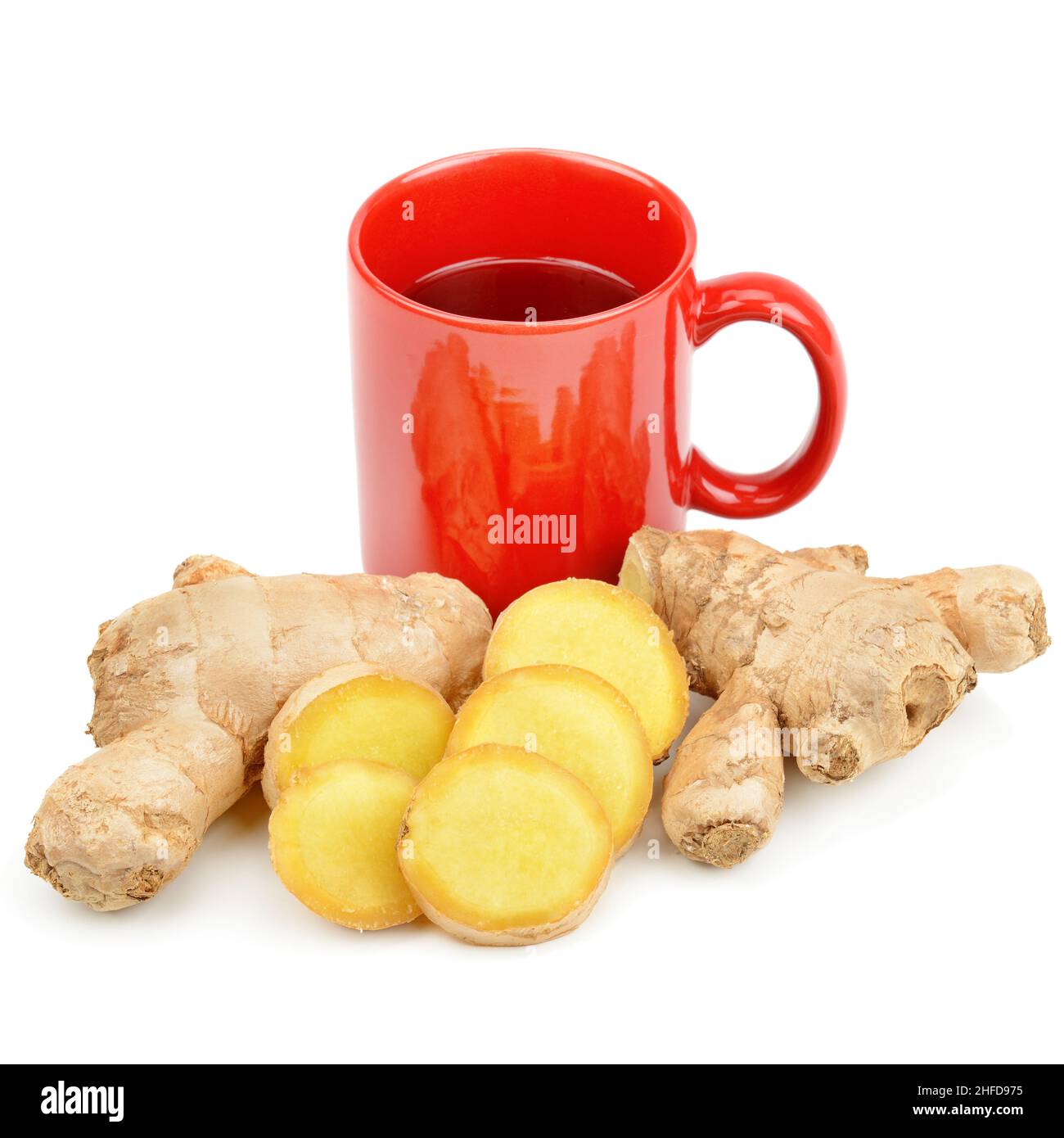 Ginger root and ginger tea isolated on white background. Useful drink ...