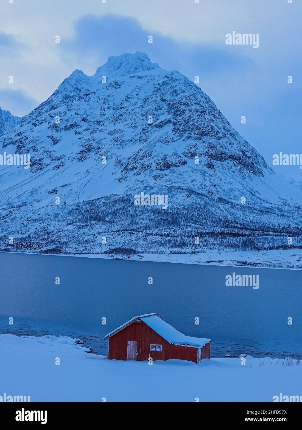 Winter in Kjosen on the island Kvaloya at the Kaldfjord, Norway Stock ...