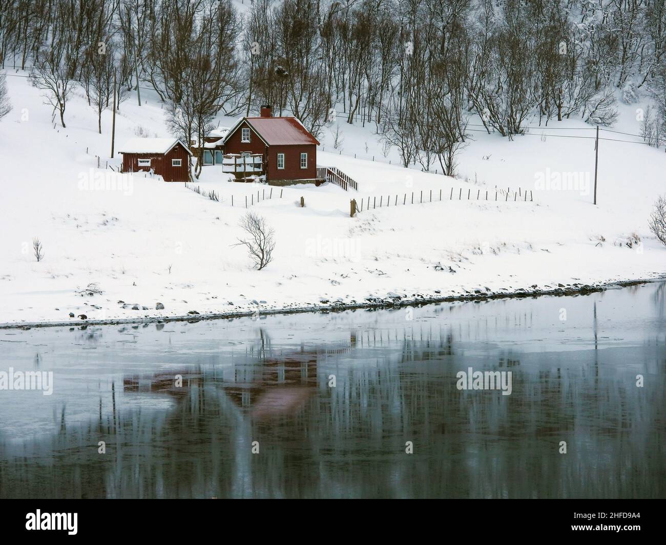 Winter in Kjosen on the island Kvaloya at the Kaldfjord, Norway Stock ...