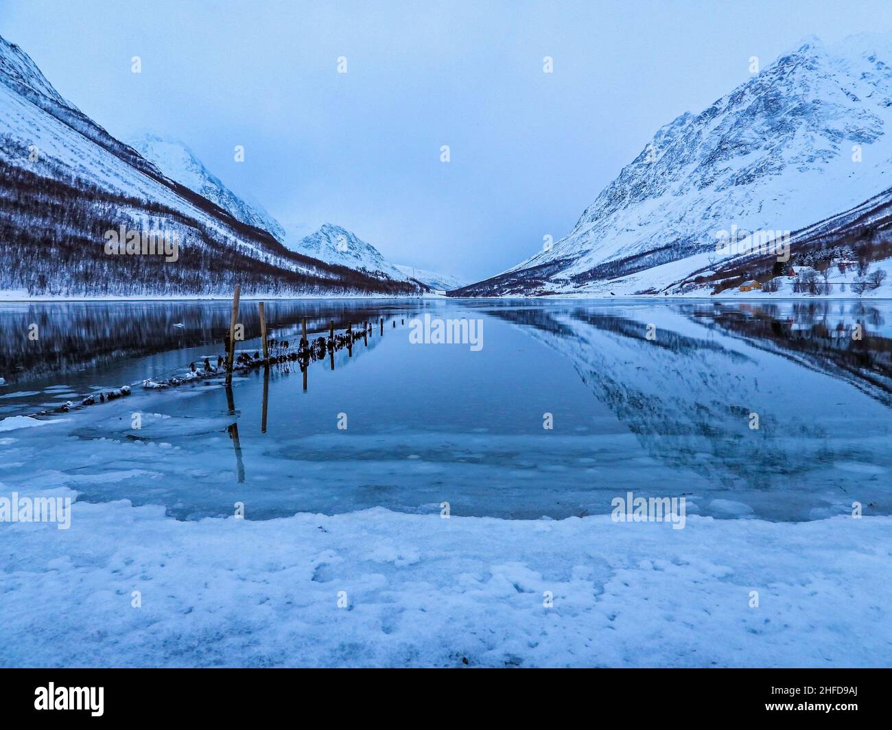 Winter in Kjosen on the island Kvaloya at the Kaldfjord, Norway Stock ...