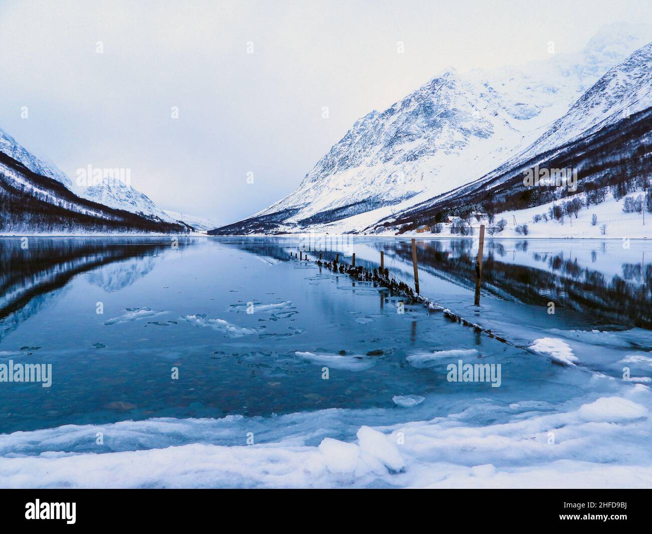 Winter in Kjosen on the island Kvaloya at the Kaldfjord, Norway Stock ...