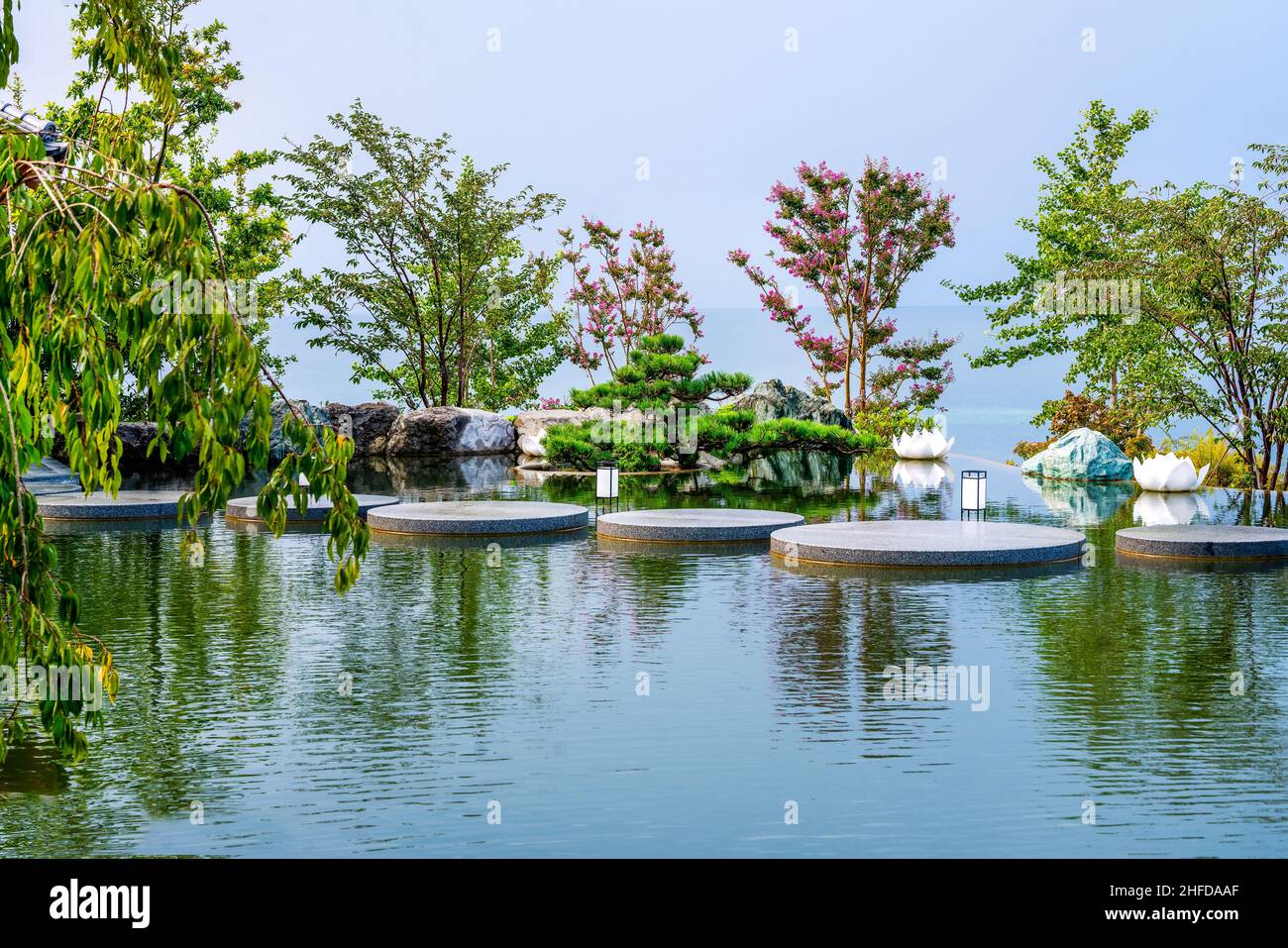 Amazing Japanese garden in summer on Crimean peninsula next to hotel ...