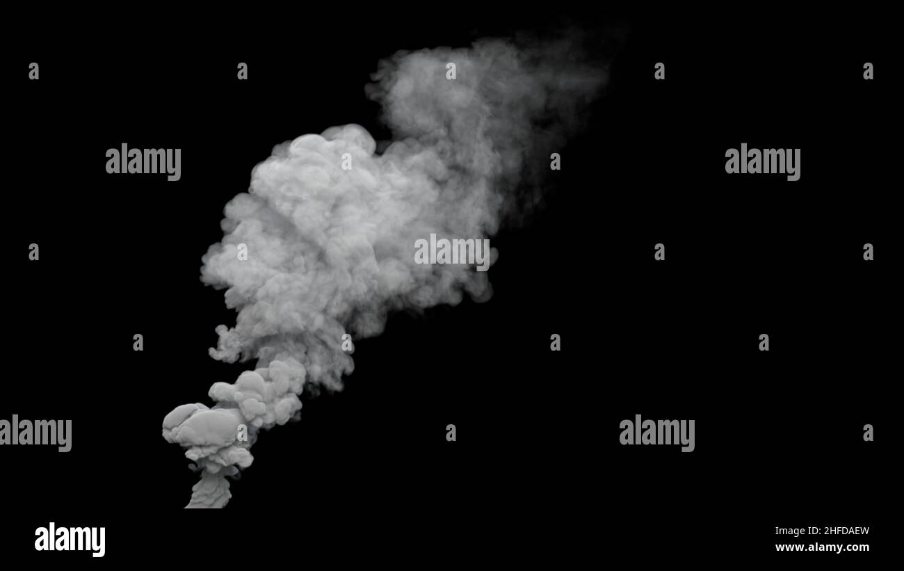 grey toxic smoke emission from urban fire on black, isolated ...