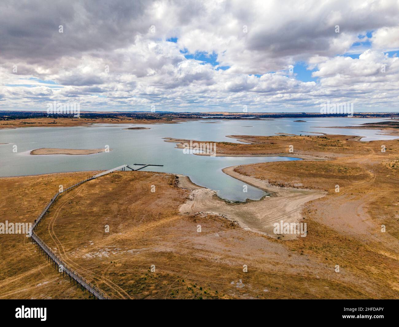 Aerial view of Alqueva Dam artificial Lake at aldeia da luz river beach ...