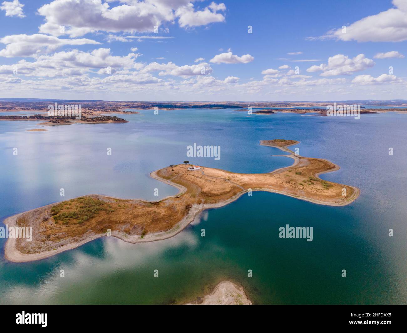 Aerial view of Alqueva Dam artificial Lake, near aldeia da luz river ...