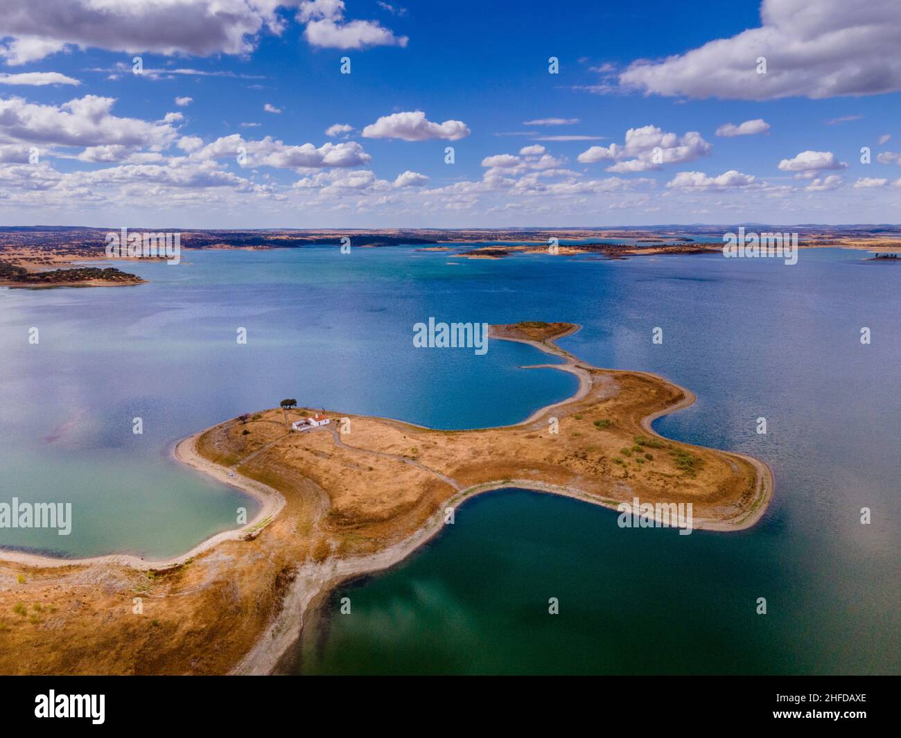 Aerial view of Alqueva Dam artificial Lake, near aldeia da luz river ...
