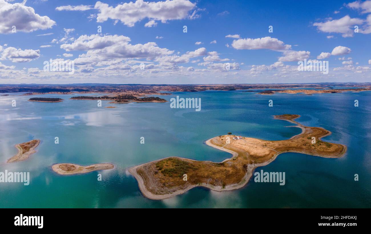 Aerial view of Alqueva Dam artificial Lake, near aldeia da luz river ...