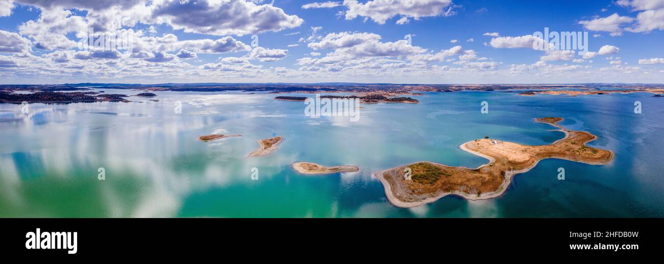 Aerial view of Alqueva Dam artificial Lake, near aldeia da luz river ...