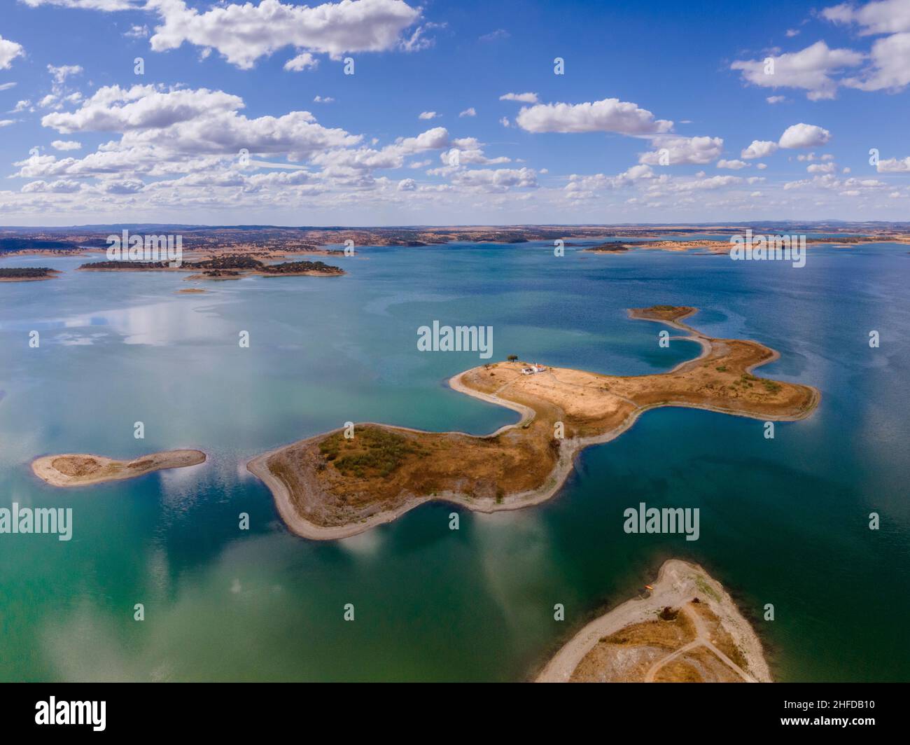Aerial view of Alqueva Dam artificial Lake, near aldeia da luz river ...