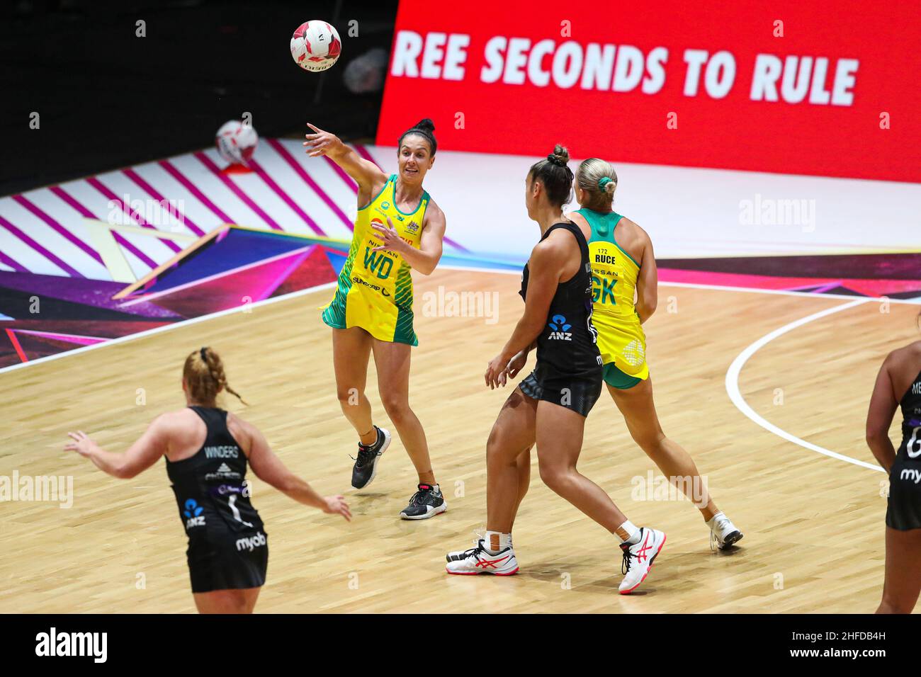 Australia's Ash Brazill passes the ball during the Netball Quad Series ...