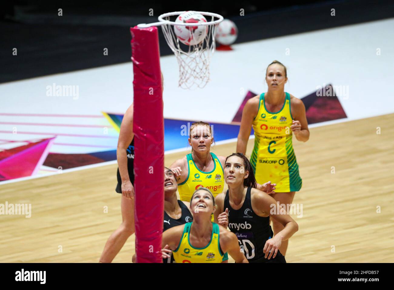 Australia's Stephanie Wood scores a goal during the Netball Quad Series ...