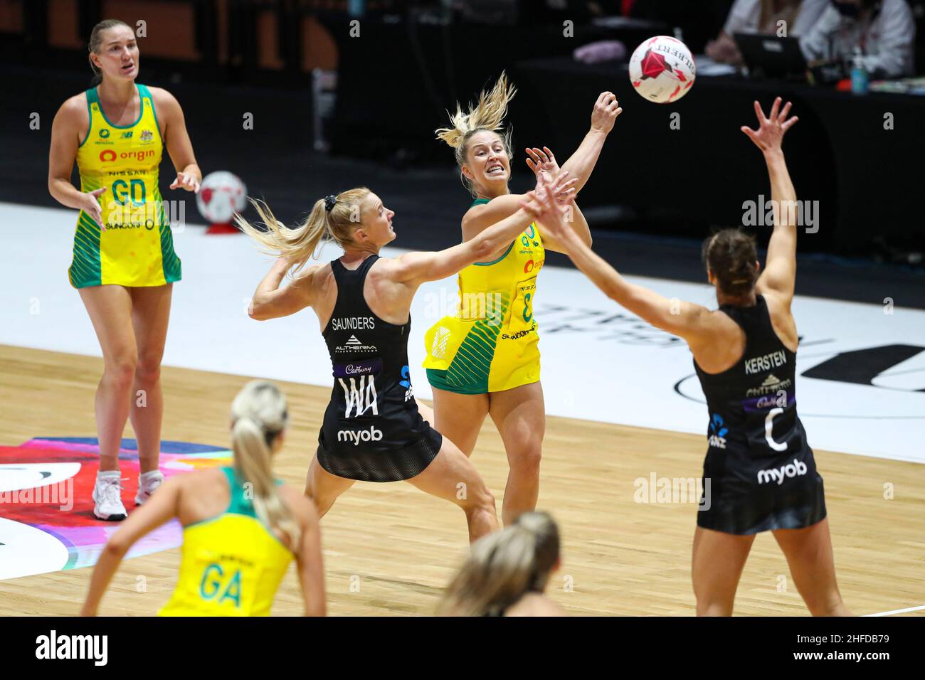 Australia's Jamie-Lee Price plays a pass during the Netball Quad Series ...