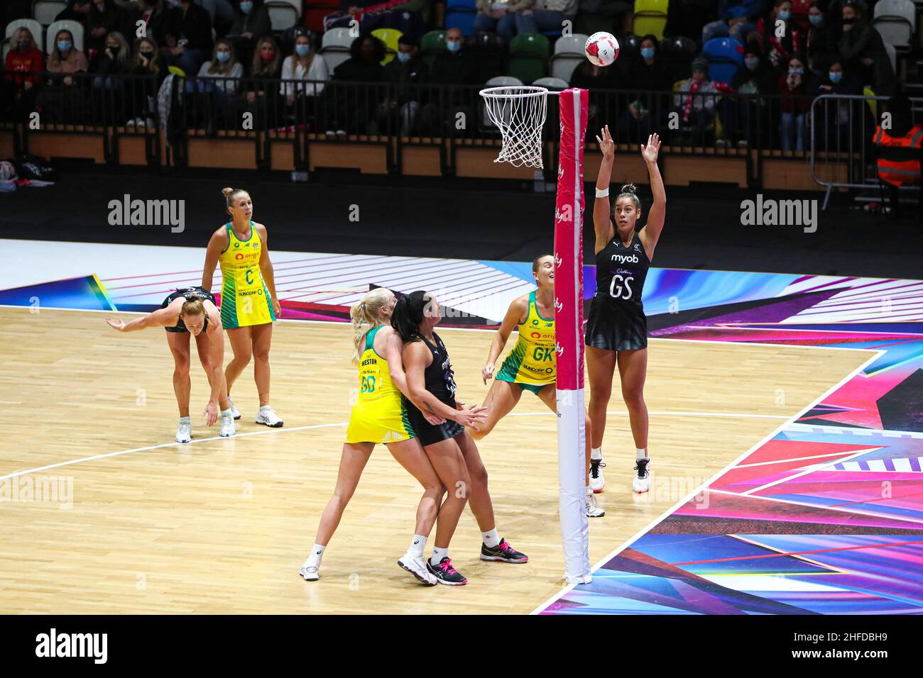 New Zealand's Maia Wilson shoots during the Netball Quad Series match ...