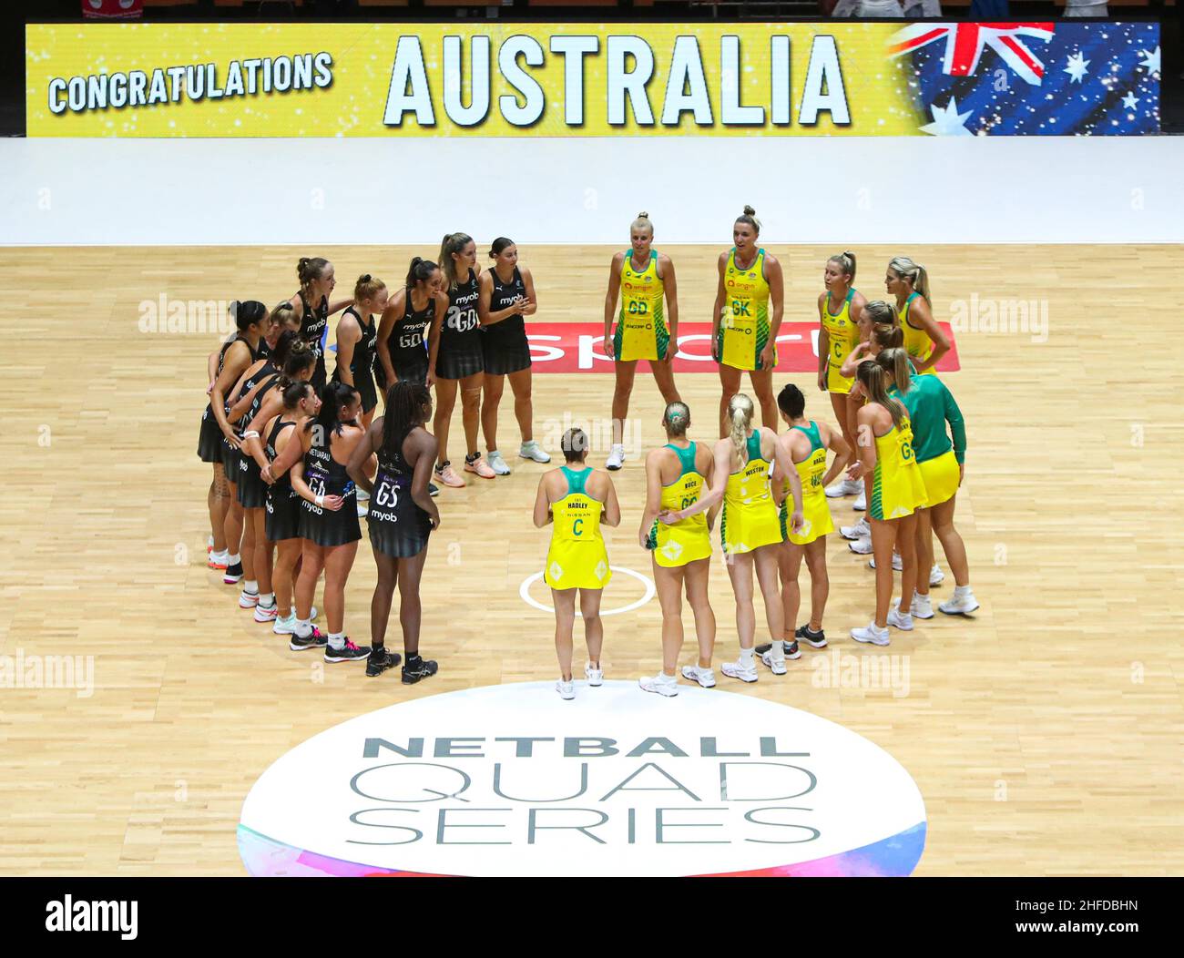 General view of both teams on the court after Australia won the Netball ...