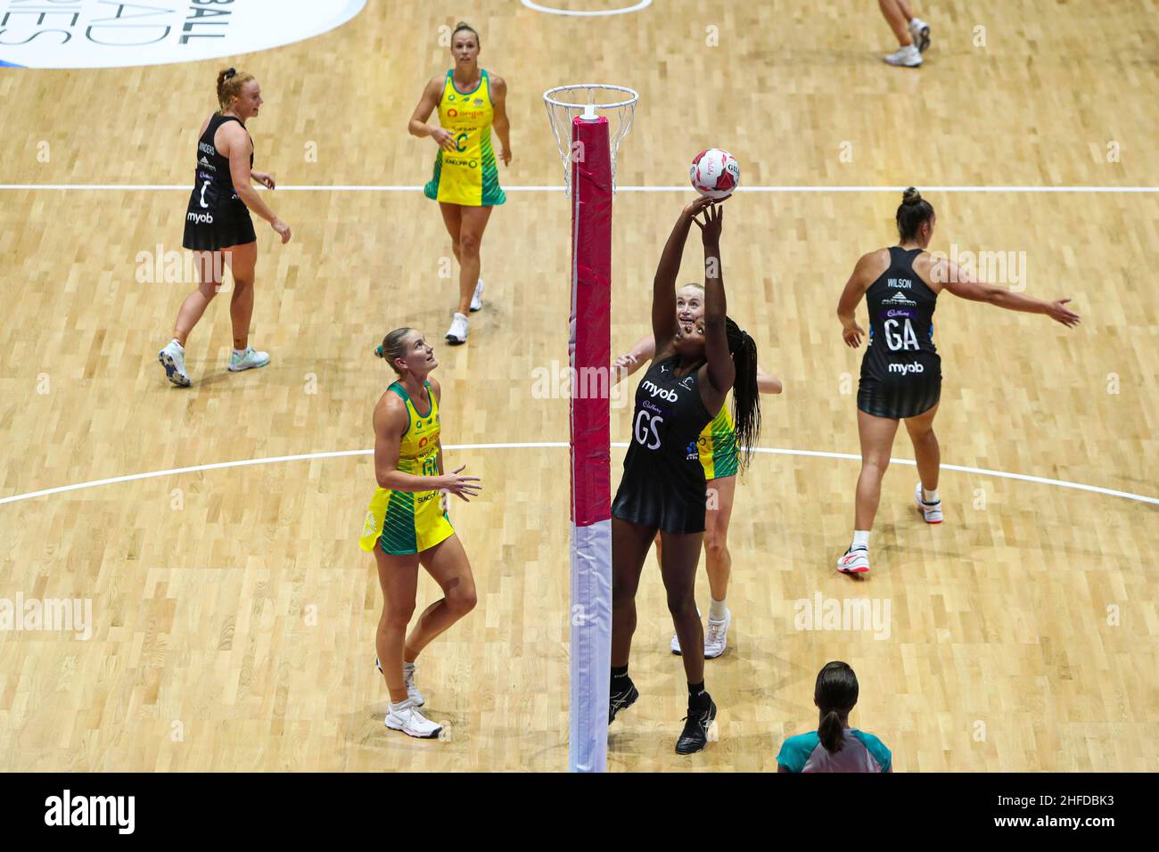 New Zealand's Grace Nweke shoots during the Netball Quad Series match ...