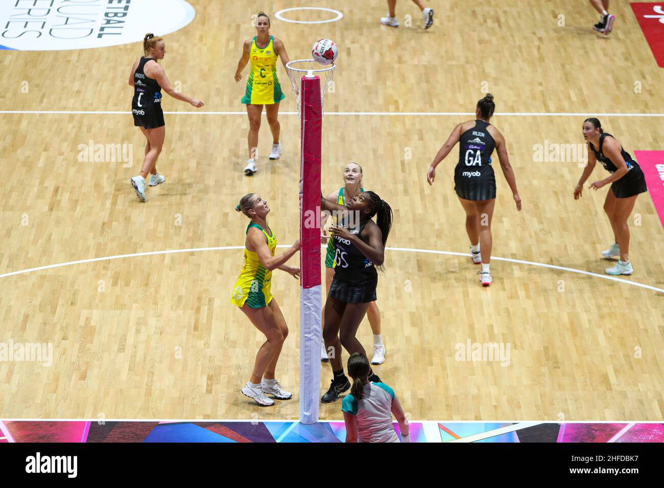 New Zealand's Grace Nweke shoots during the Netball Quad Series match ...