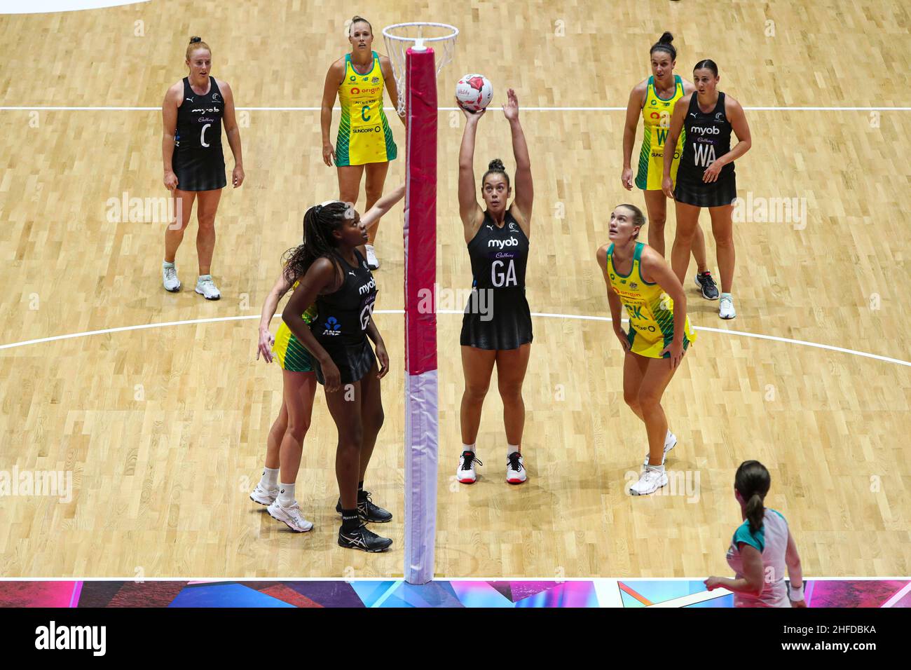 New Zealand's Maia Wilson shoots during the Netball Quad Series match ...