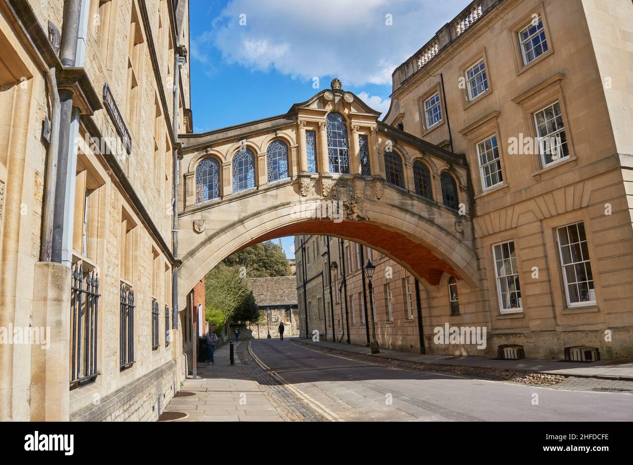 OXFORD, UK - April 13, 2021. Hertford Bridge, or Bridge of Sighs, a ...