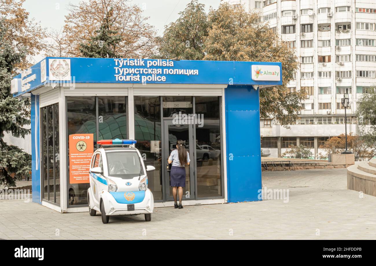Tourist Police booth station and vehicle in central Almaty, Kazakhstan ...