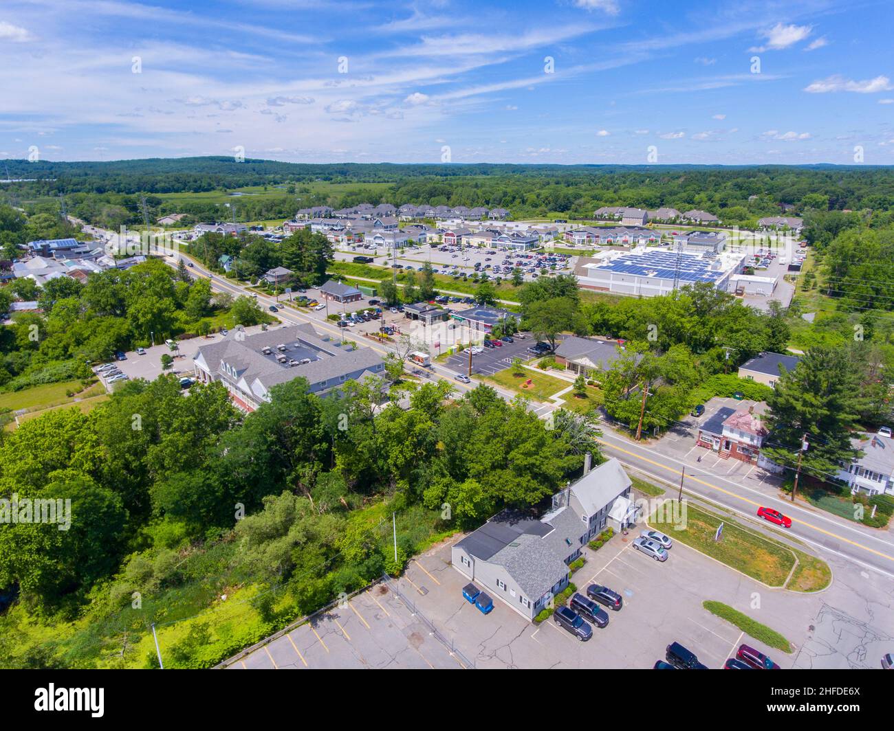 Wayland historic town center aerial view in summer at Boston Post Road ...