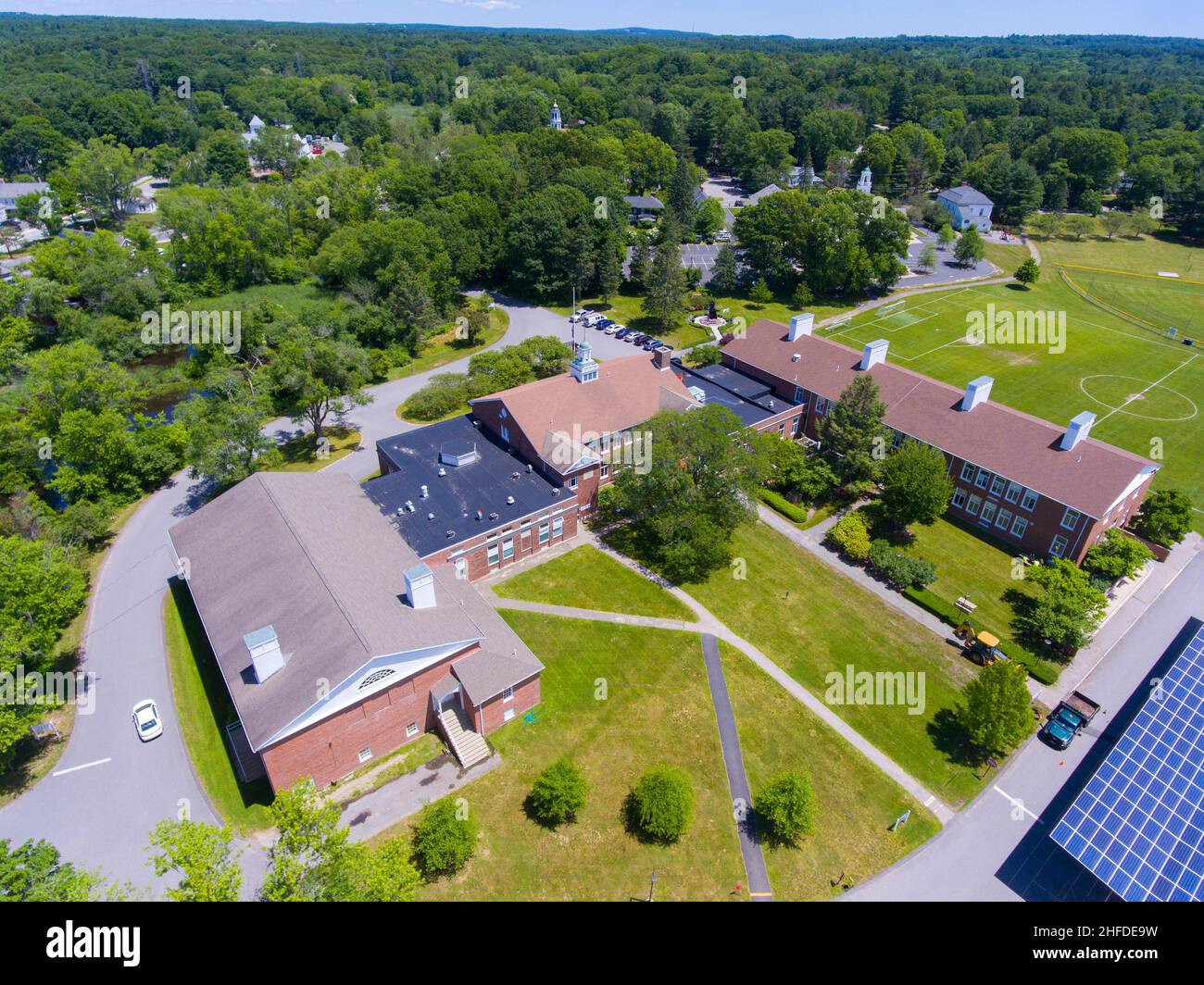 Wayland Town Hall aerial view at 41 Cochituate Road in historic town ...