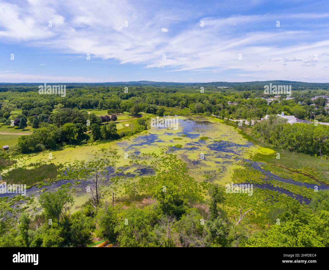 Pine Brook marsh aerial view in summer in town center of Wayland ...
