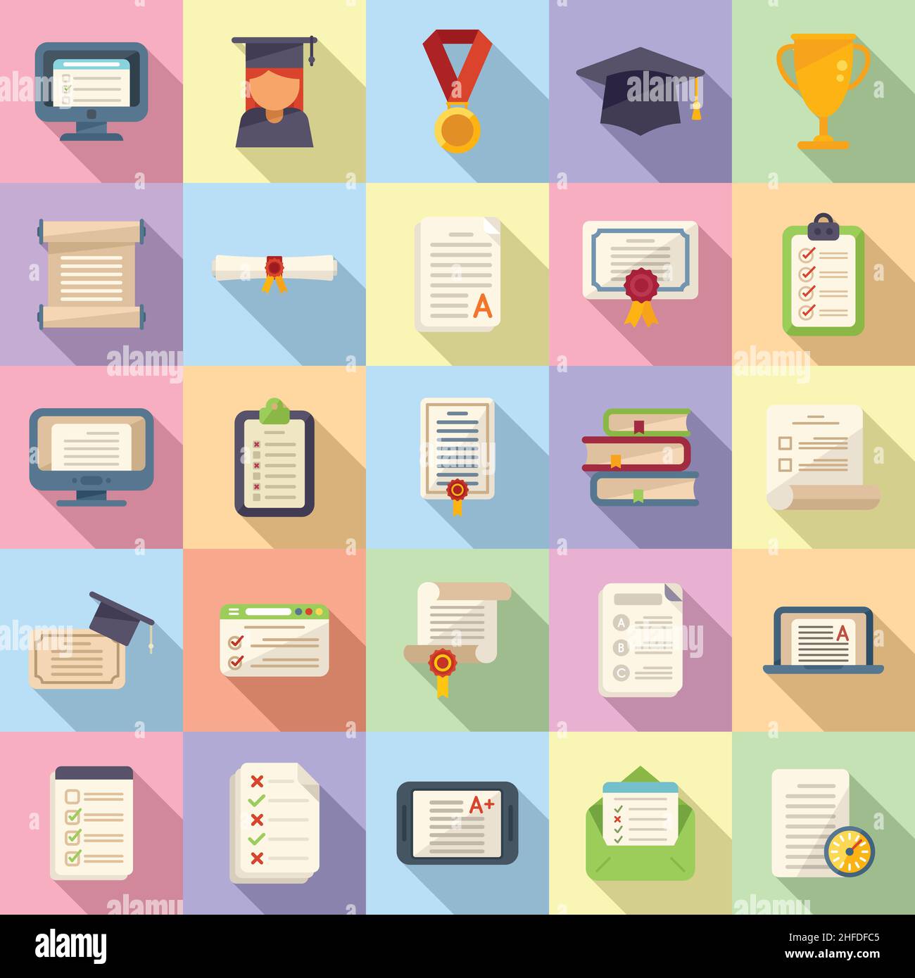 Final exam icons set flat vector. Student college. Final pass Stock ...