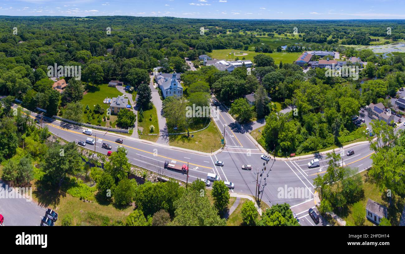 Wayland historic town center panoramic aerial view in summer at Boston ...