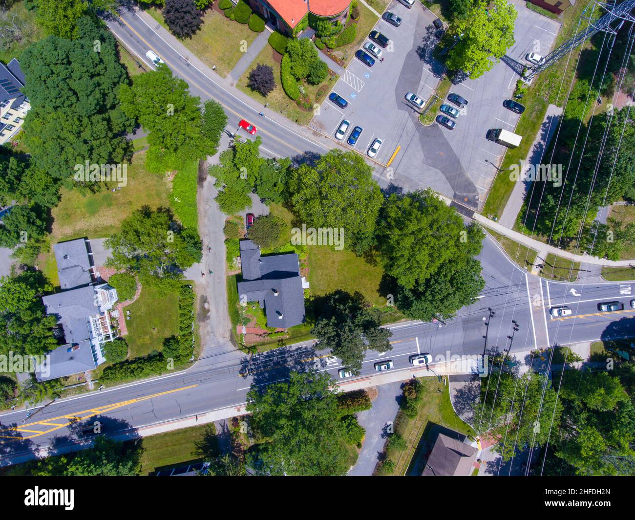 Wayland historic town center aerial view in summer at Boston Post Road ...