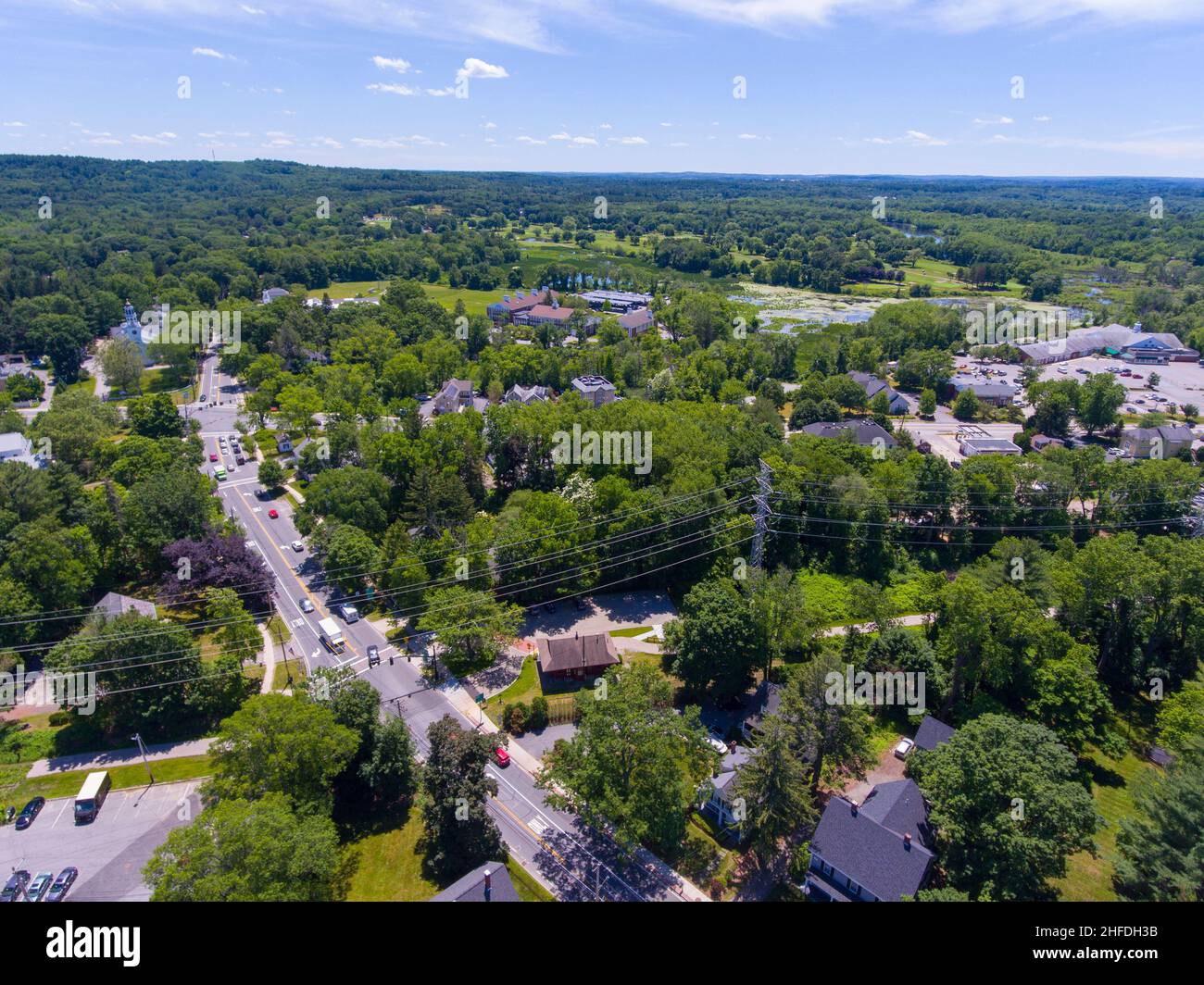 Wayland historic town center aerial view in summer at Boston Post Road ...